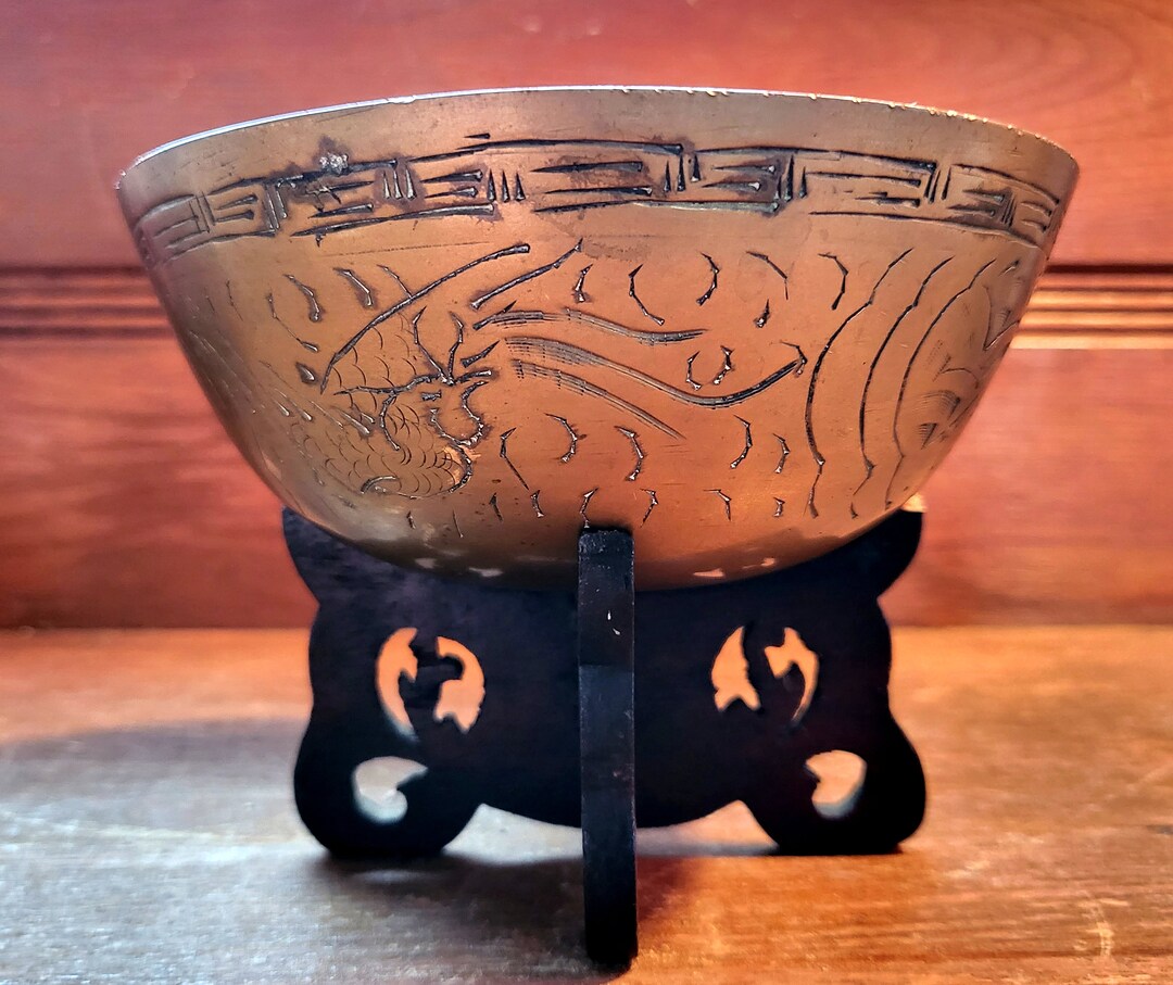 Vintage Chinese Brass Bowl Hand Engraved With Wood Stand - Etsy