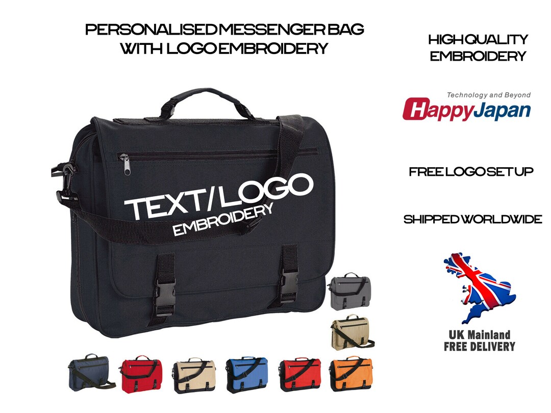Custom Embroidered Personalised Text or Logo Messenger Bag Satchel ...