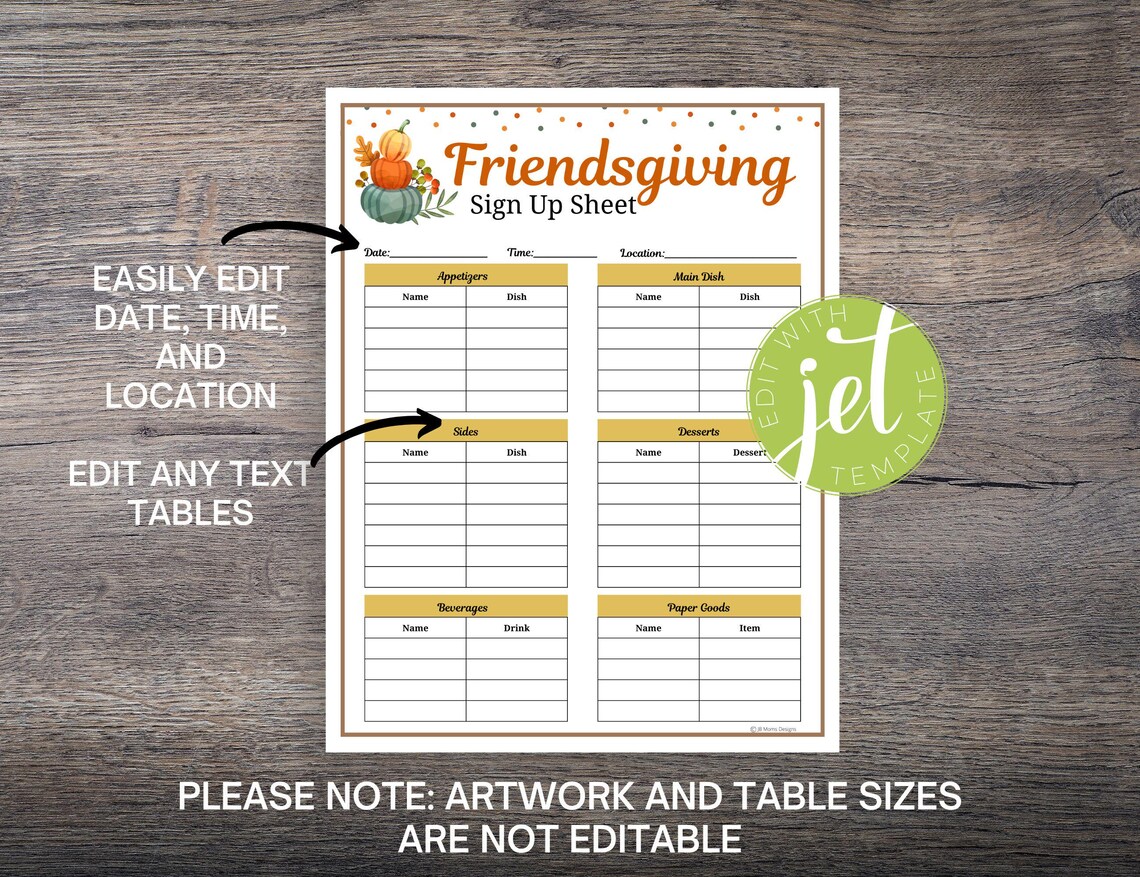 Friendsgiving Potluck Sign-up Sheet (PDF, Editable Template) - Etsy