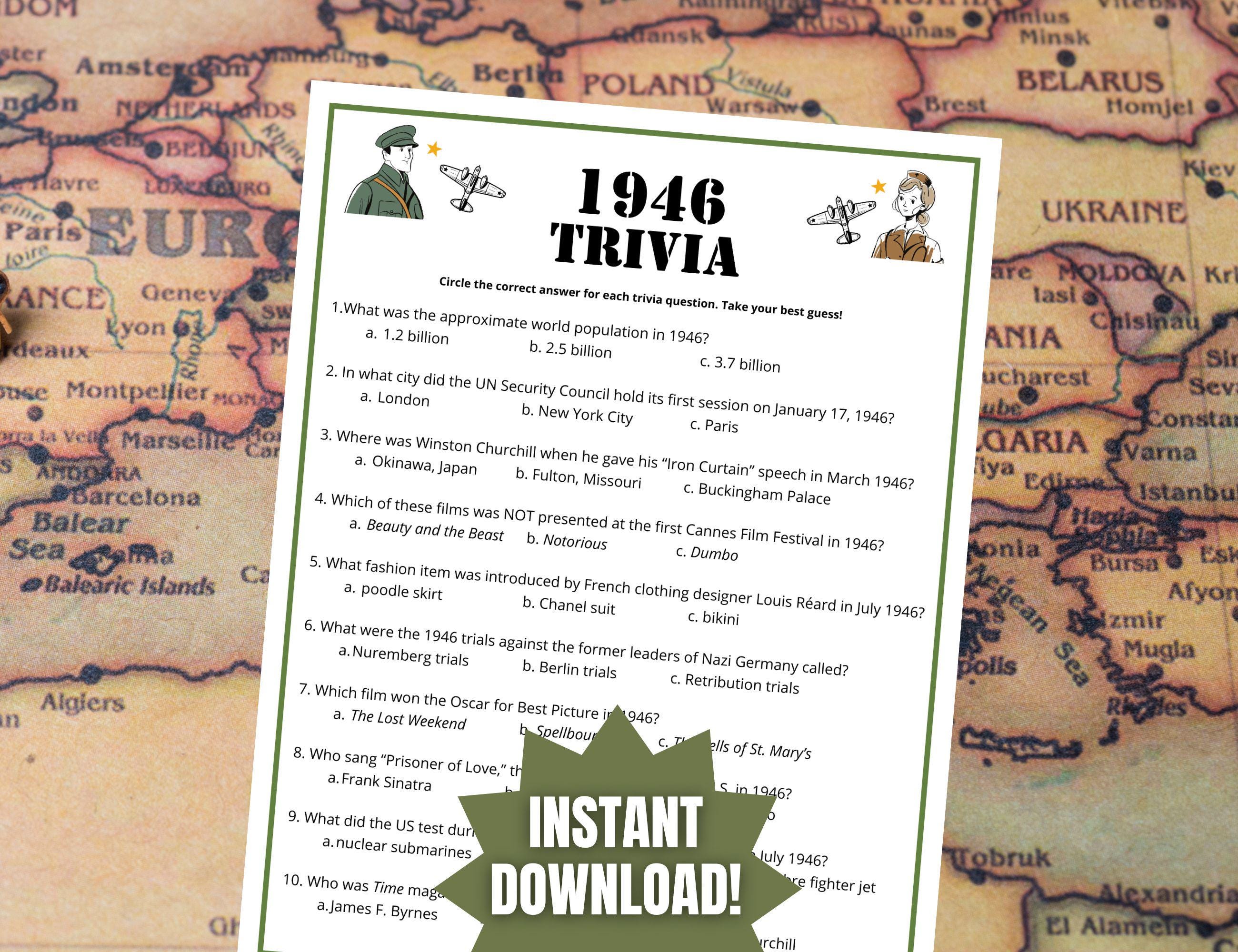 1946 Trivia Game: 40s Party, 80th Birthday (printable PDF) - Etsy