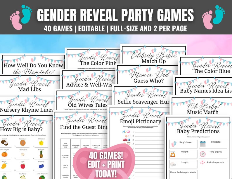 Editable Gender Reveal Party Games Bundle: 40 Pink or Blue Activities ...