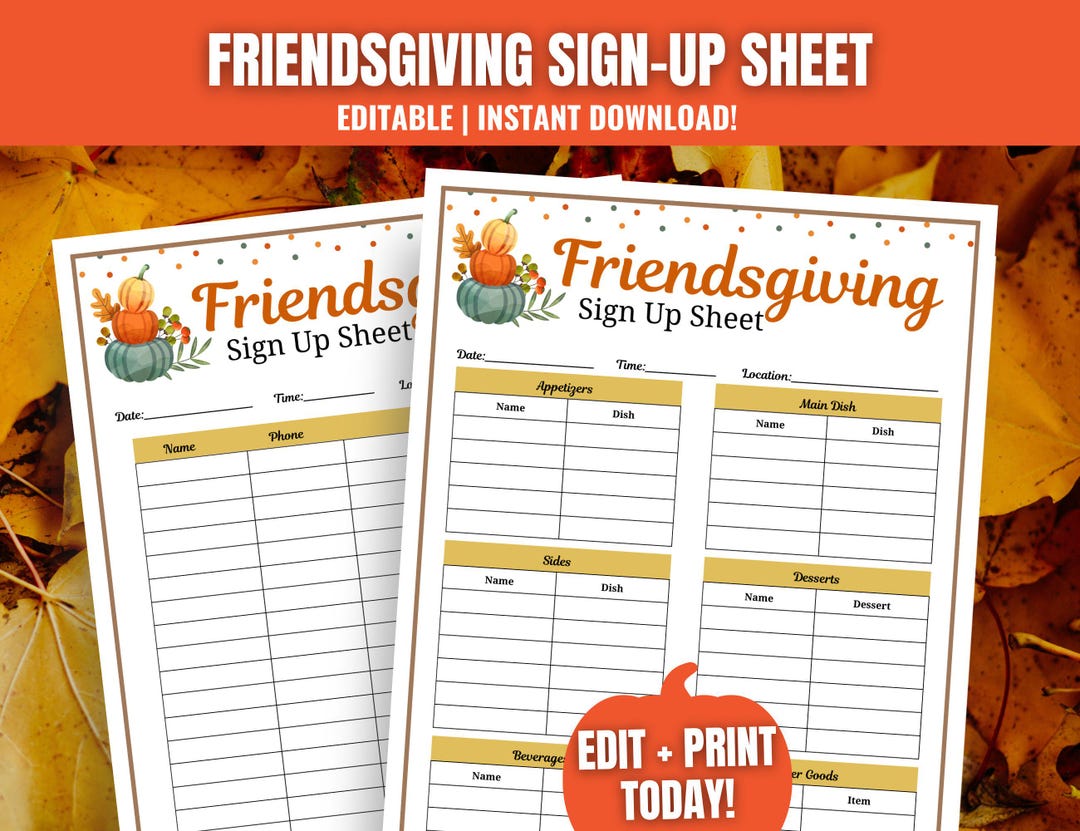 Friendsgiving Potluck Sign-up Sheet (PDF, Editable Template) - Etsy