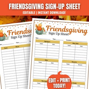 Friendsgiving Potluck Sign-up Sheet (PDF, Editable Template) - Etsy