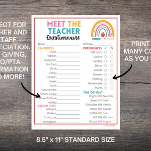 Meet the Teacher Questionnaire: Printable Teacher Survey (digital ...