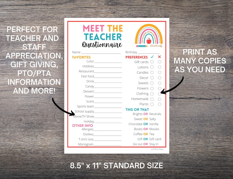 Meet the Teacher Questionnaire: Printable Teacher Survey (digital ...