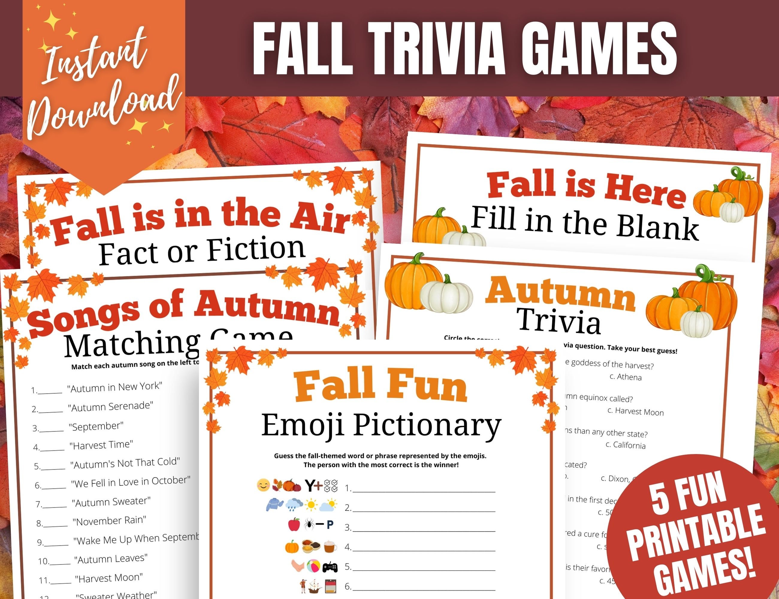 Fall 5-game TRIVIA Bundle, Fun Autumn Trivia Questions and Answers ...
