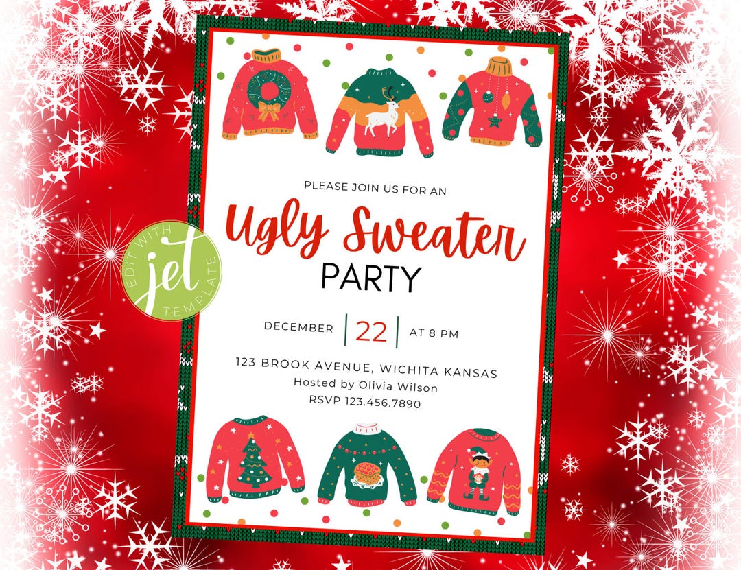 Ugly Sweater Party Editable Invitation, Ugly Christmas Sweater Invite ...