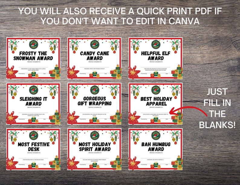 Editable Christmas Office Awards: 50 Holiday Certificates (digital ...