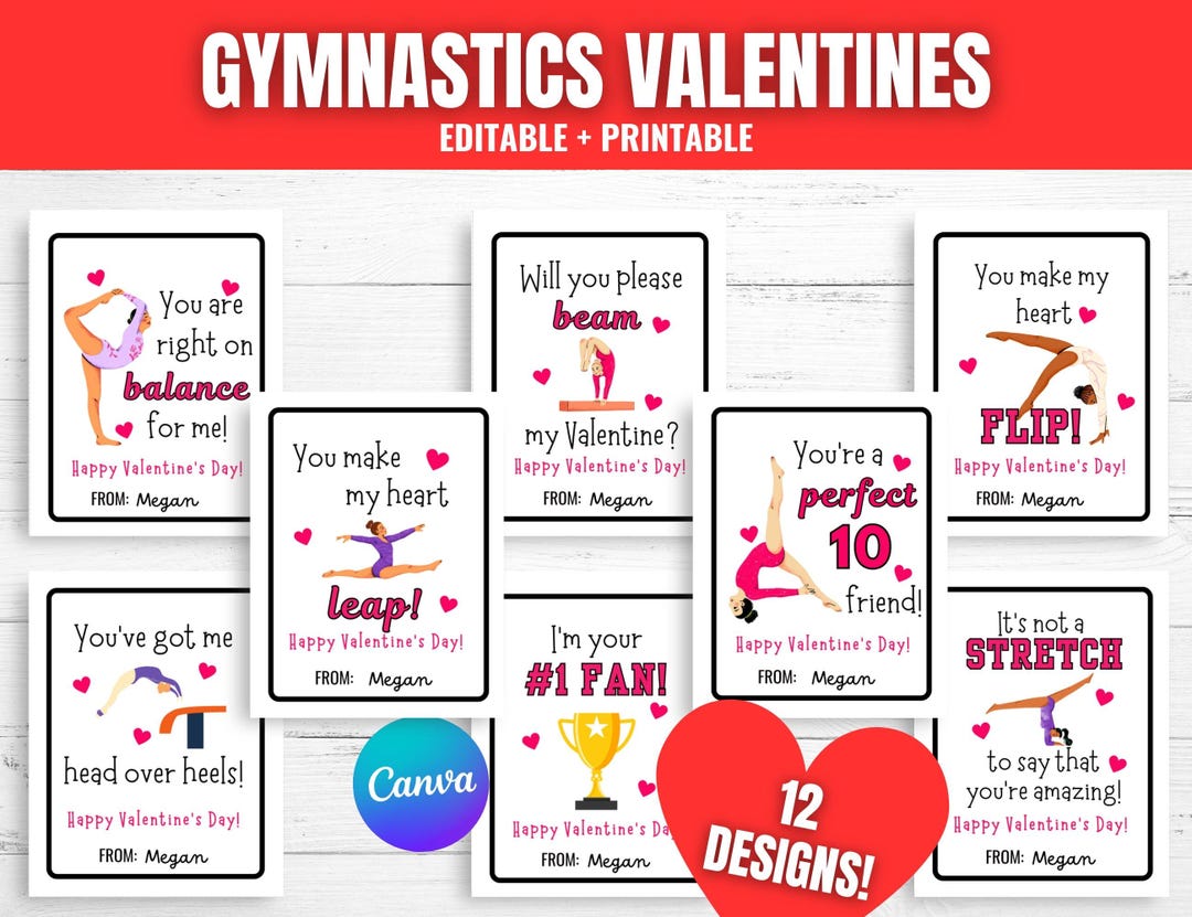 Gymnastics Valentines: Printable Valentine Cards (editable Digital ...