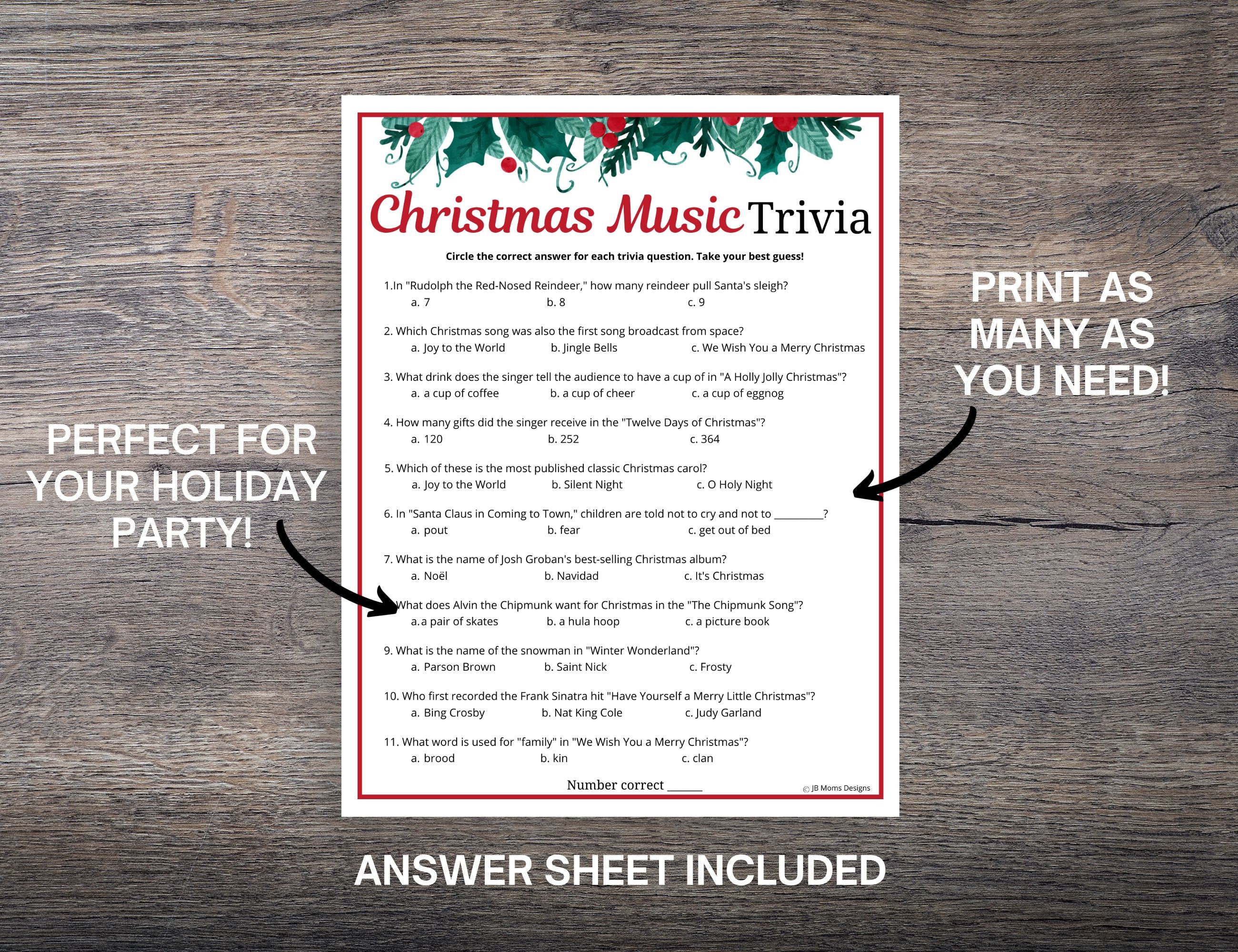 Christmas Music Trivia Game: Fun Holiday Party Activity (printable PDF ...