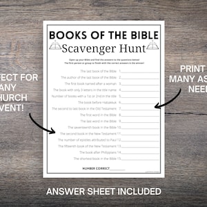 Books of the Bible Scavenger Hunt Game: Christian Sunday School ...