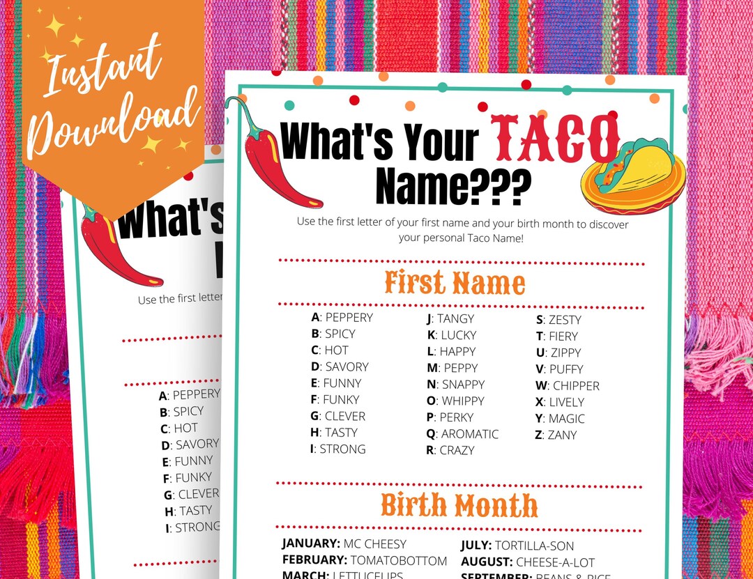 What's Your Taco Name Fun Cinco De Mayo Game Funny Cinco - Etsy