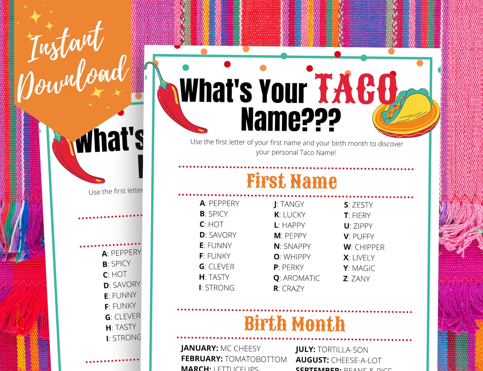 What's Your Taco Name Fun Cinco De Mayo Game Funny Cinco - Etsy