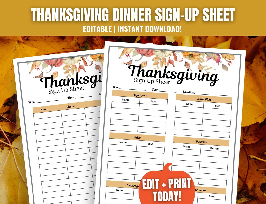 Thanksgiving Potluck Sign-up Sheet: Dinner, Church, Office (PDF ...