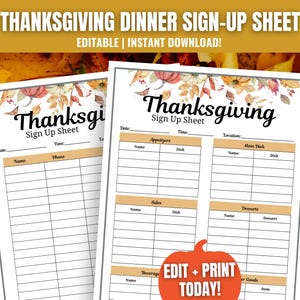 Thanksgiving Potluck Sign-up Sheet: Dinner, Church, Office (PDF ...
