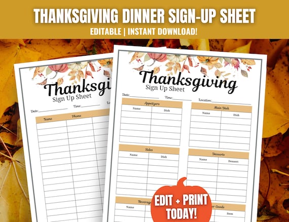 Thanksgiving Dinner Sign Up Sheet Thanksgiving Potluck Signup Sheet