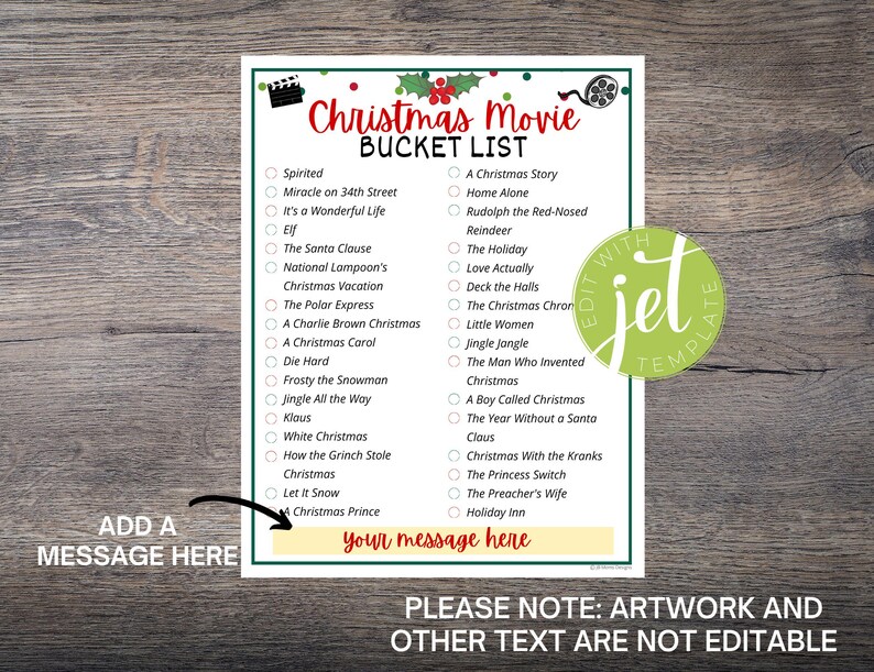 Christmas Movie Bucket List Printable: Editable Holiday Checklist ...