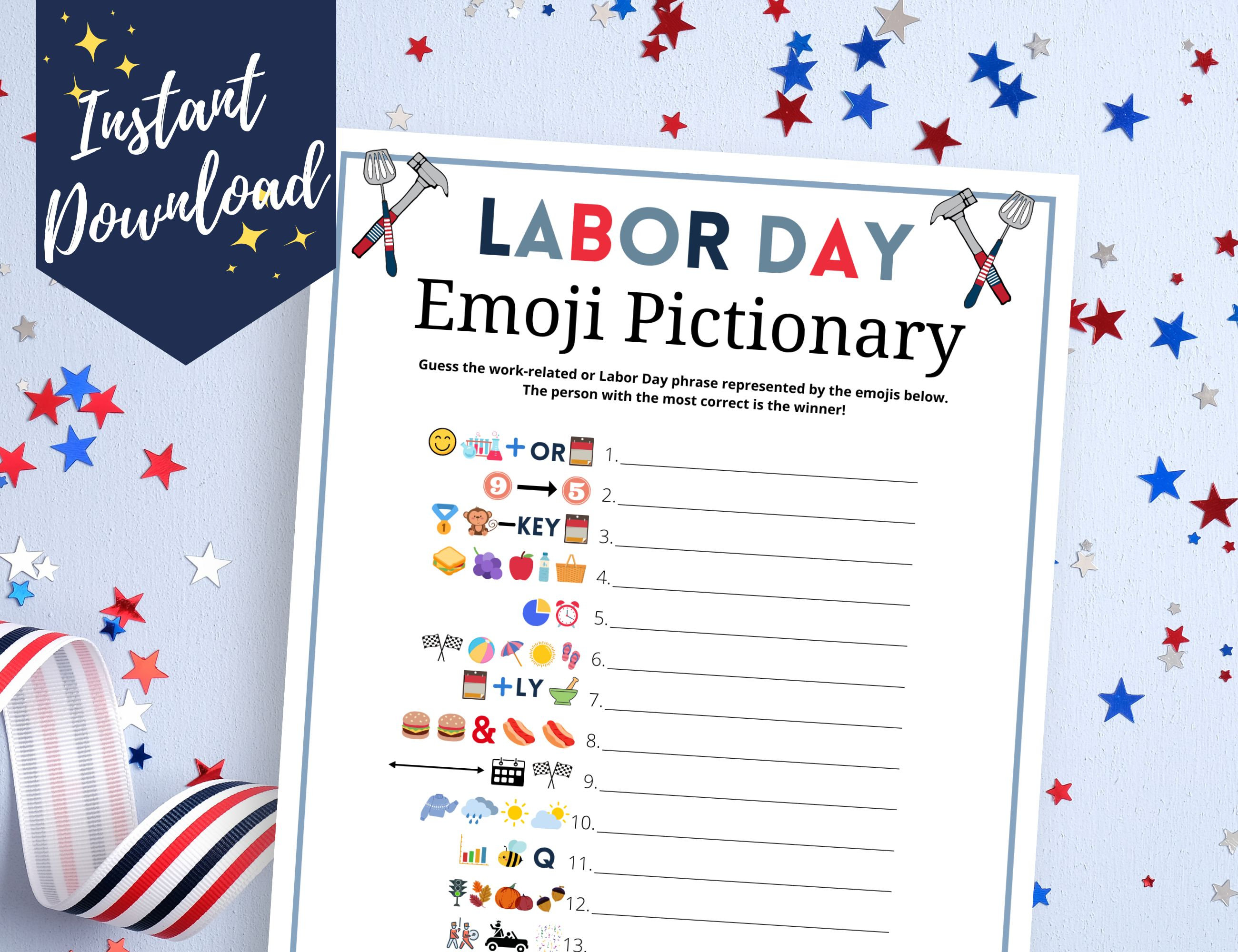 Labor Day Emoji Pictionary Game: Printable Trivia Activity (PDF ...