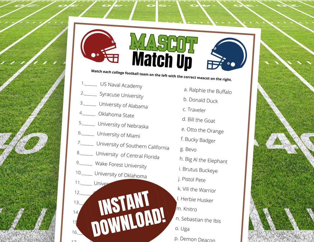 College Football Mascot Match up Game: Printable Trivia Quiz (PDF) - Etsy