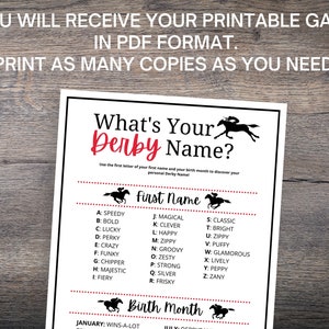 Kentucky Derby Game: What's Your Derby Name? Printable (PDF) - Etsy