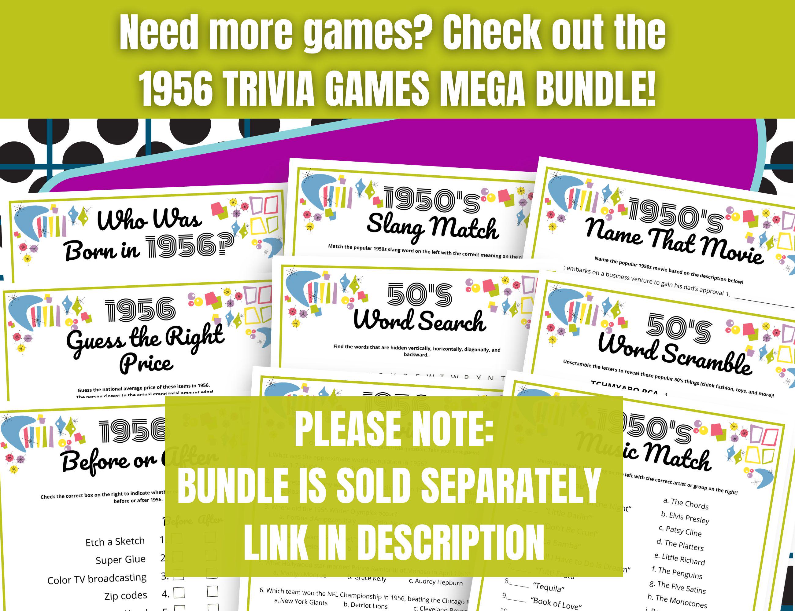 1956 Trivia Game: 70th Birthday Party, 50s Theme (instant Download) - Etsy