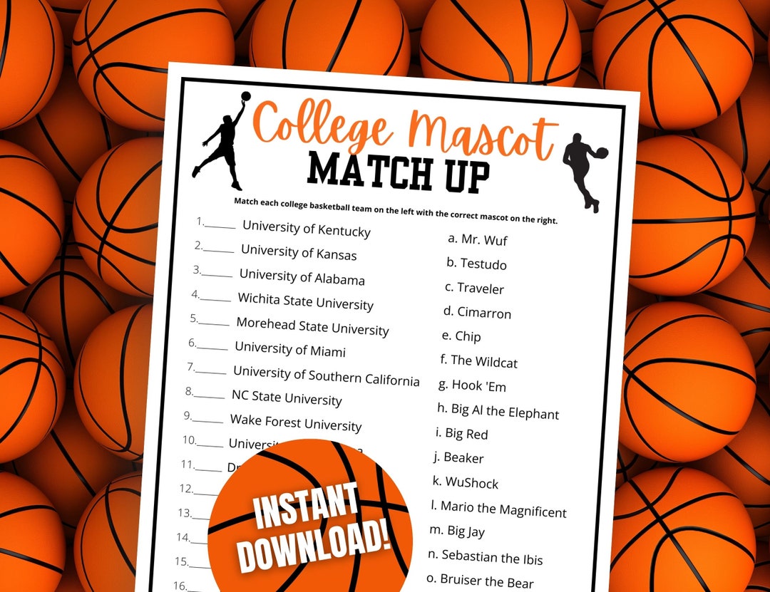 College Basketball Mascot Match Game, Fun March Basketball Party Game ...