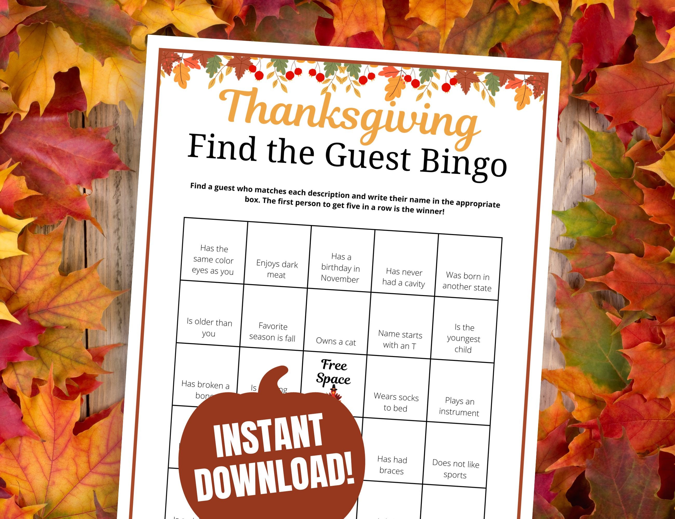 Thanksgiving Find the Guest Human Bingo Game: Fun Holiday Icebreaker ...