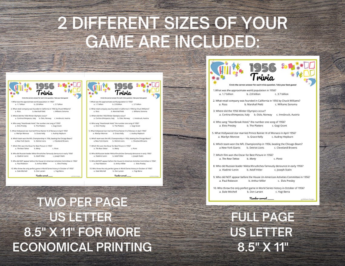 1956 Trivia Game: 70th Birthday Party, 50s Theme (instant Download) - Etsy
