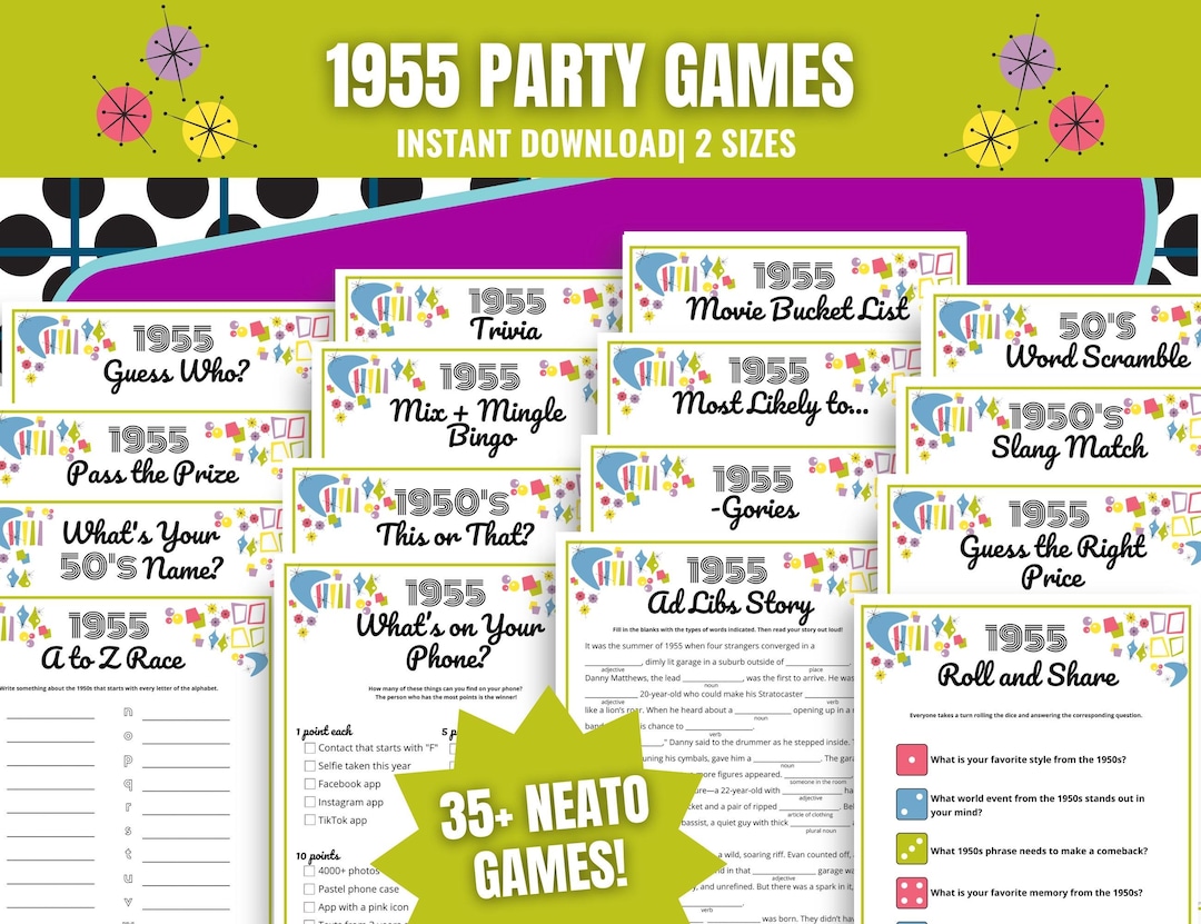1955 Party Games MEGA BUNDLE, Fun 1955 Trivia Games for 70th Birthday ...