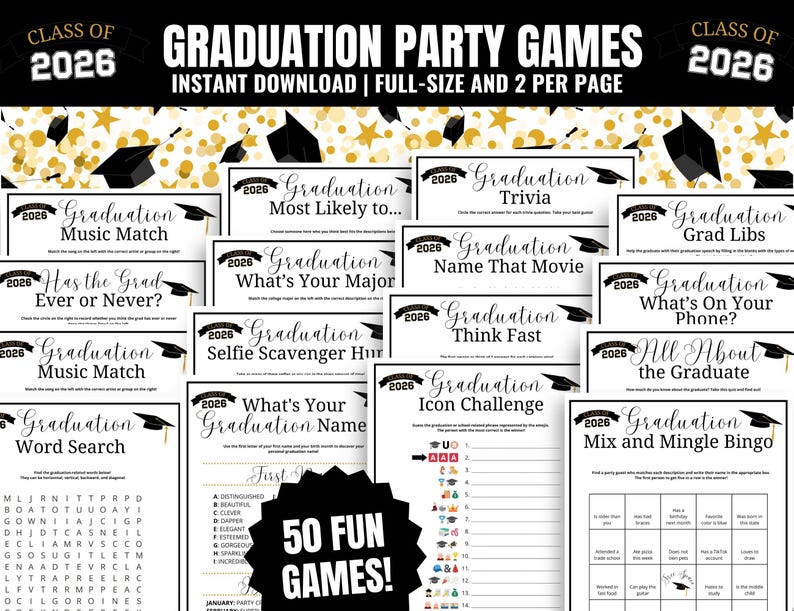 Graduation Party Games Bundle: Class of 2026 Grad Party Activities and ...
