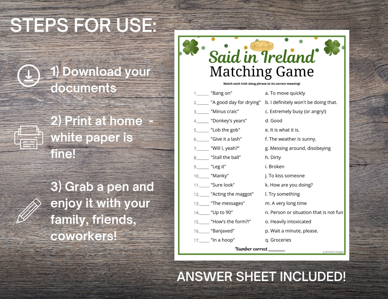 St. Patrick's Day Irish Slang Matching Game (printable) - Etsy