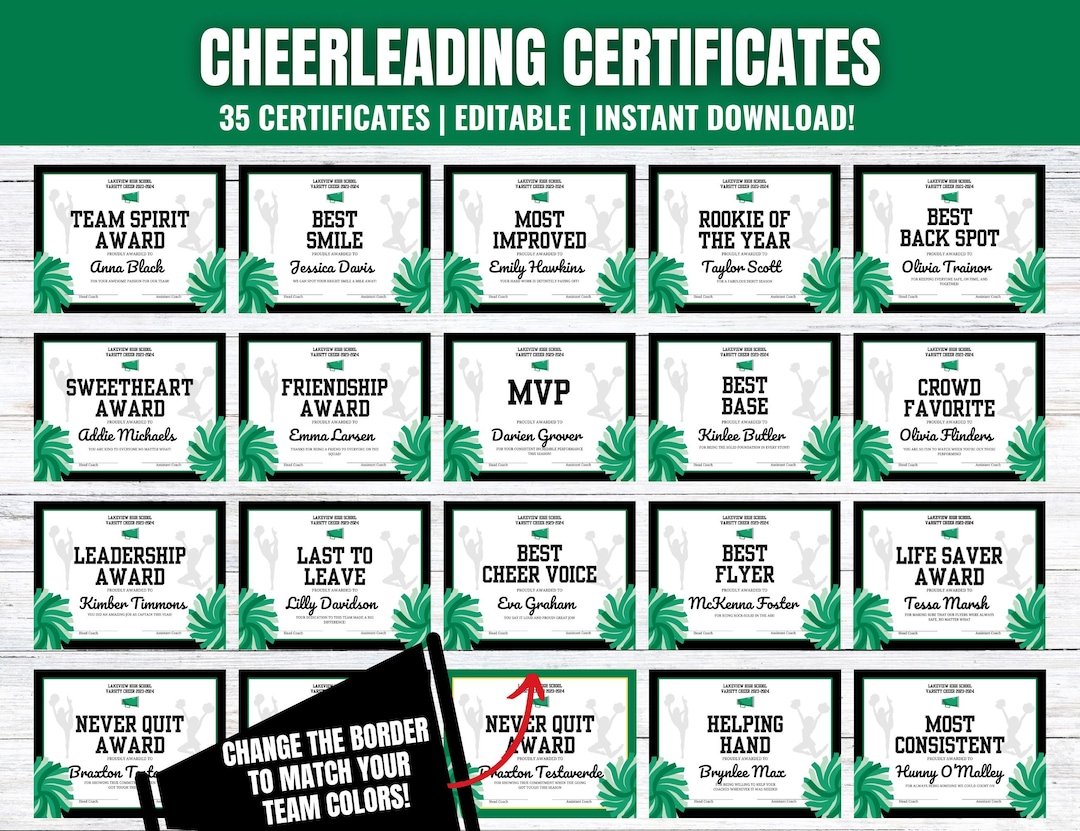 Editable Cheerleading Award Certificates: Team Awards With Green ...