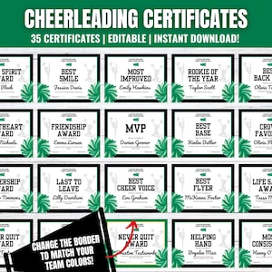 Editable Cheerleading Award Certificates: Team Awards With Green ...