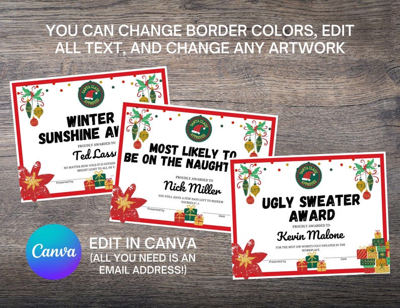 Editable Christmas Office Awards: 50 Holiday Certificates (digital ...