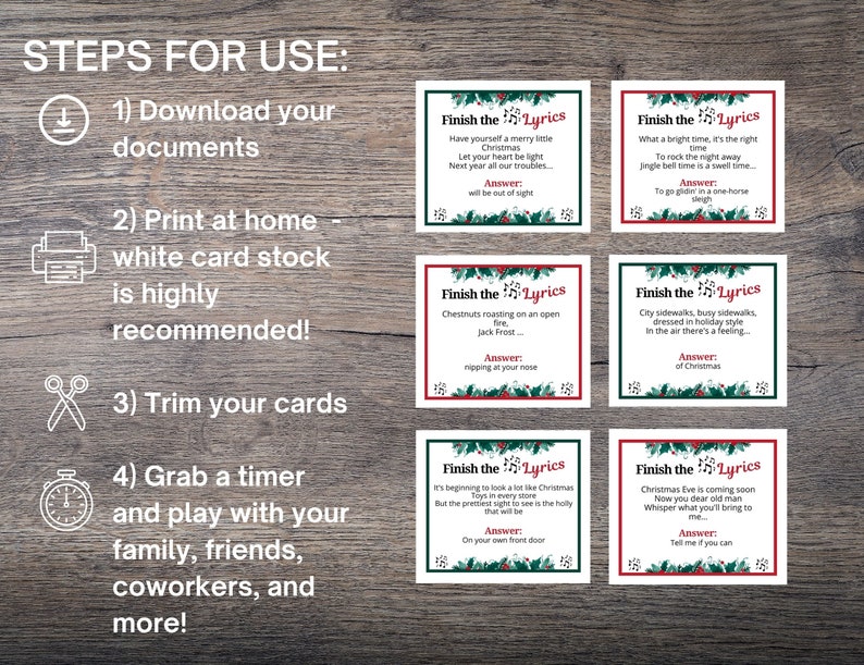 Christmas Carols Finish the Lyrics Game: Holiday Party (printable PDF ...