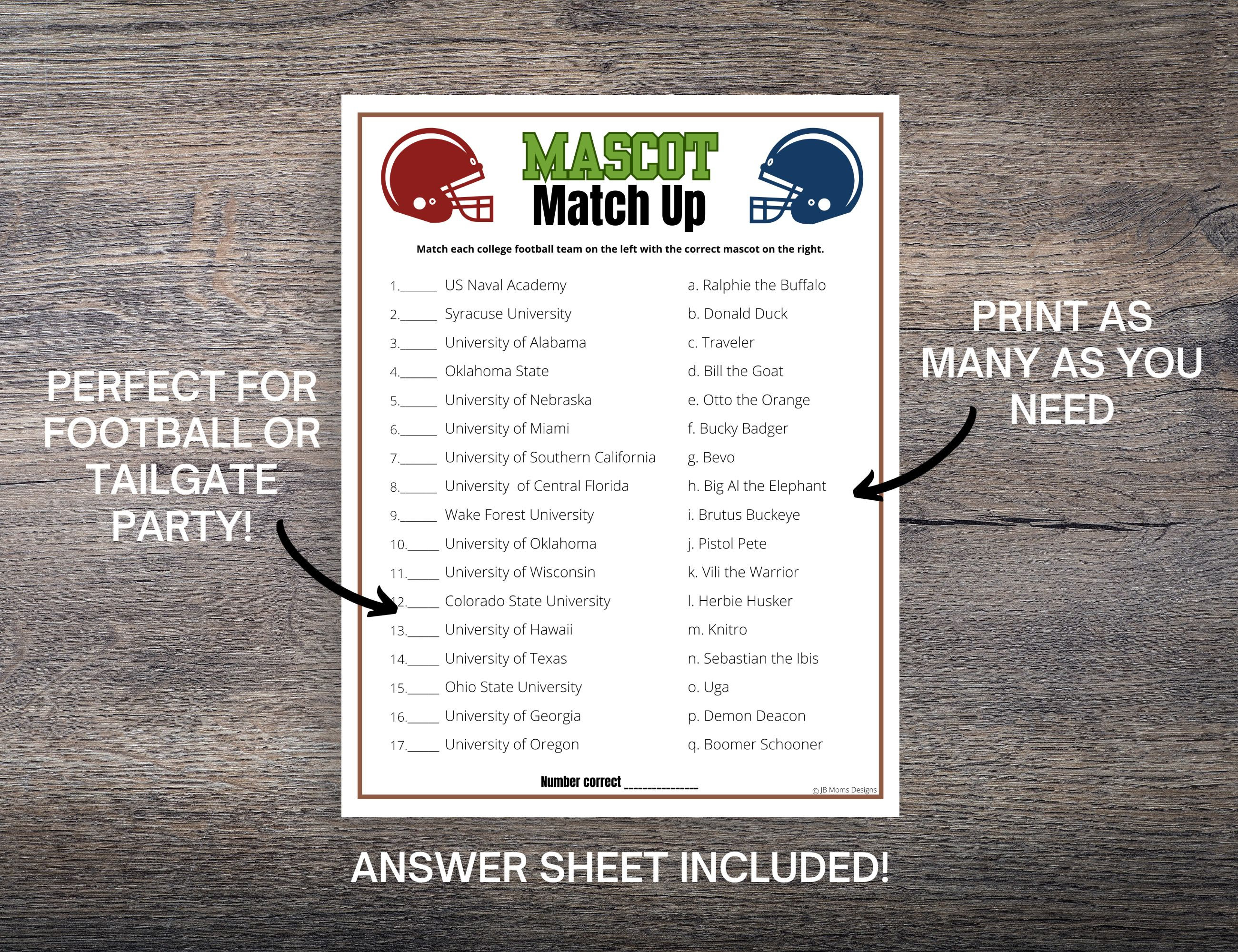 College Football Party Mascot Match up Game Printable College - Etsy