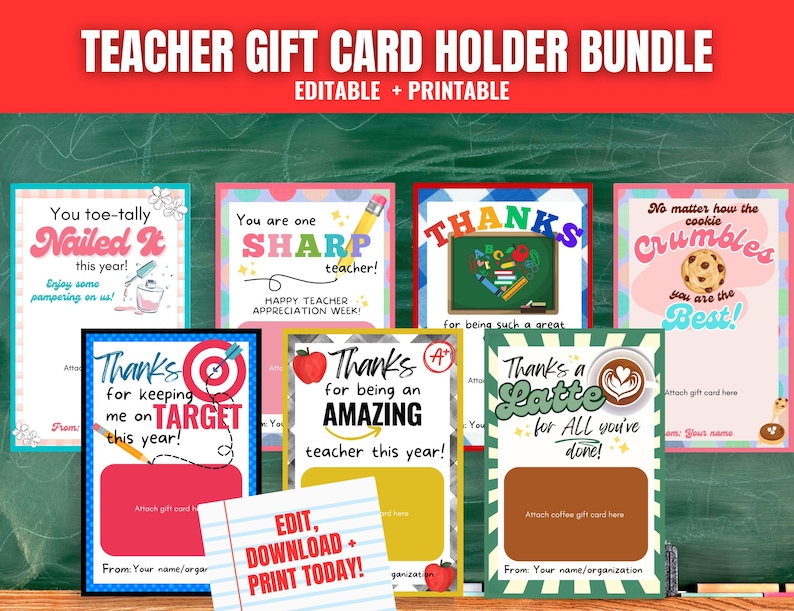 Editable Teacher Gift Card Holder Bundle (digital Download) - Etsy