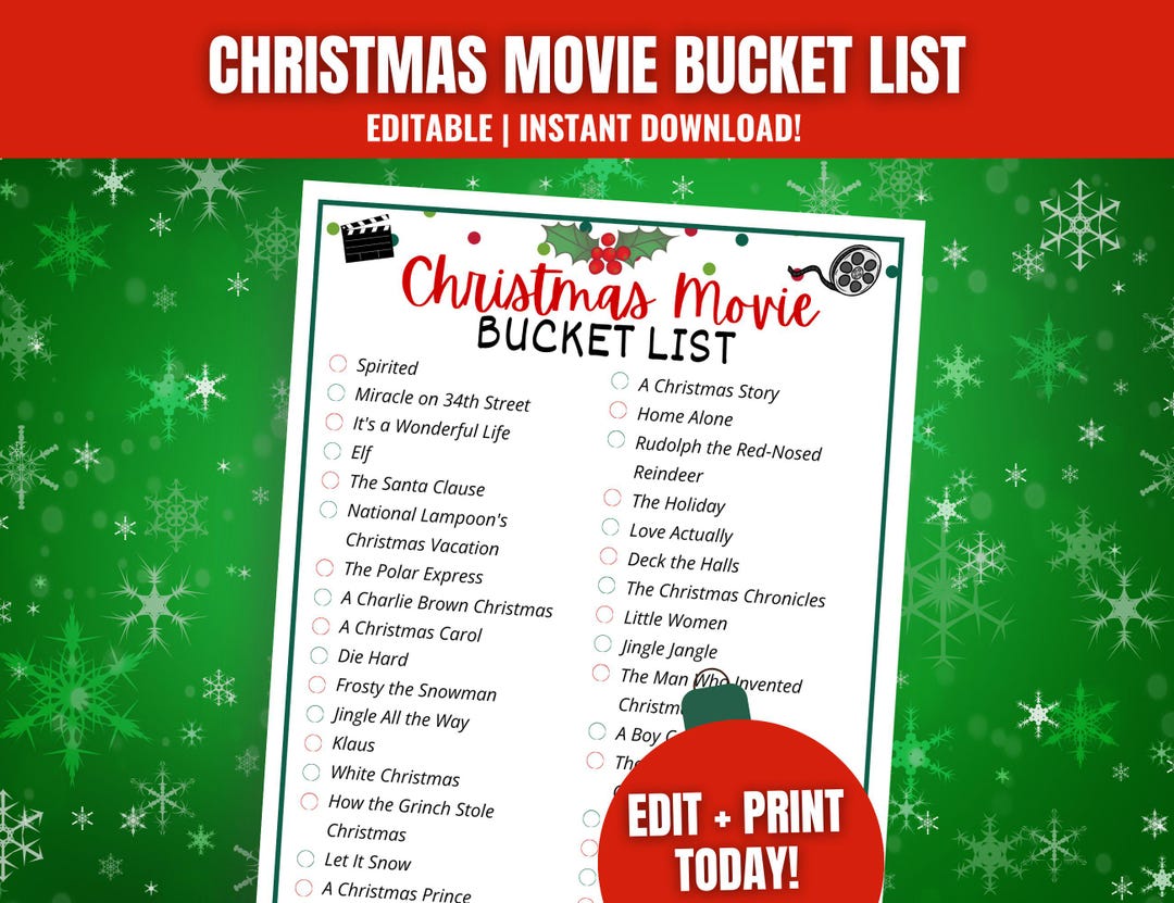 Christmas Movie Bucket List Printable: Editable Holiday Checklist ...
