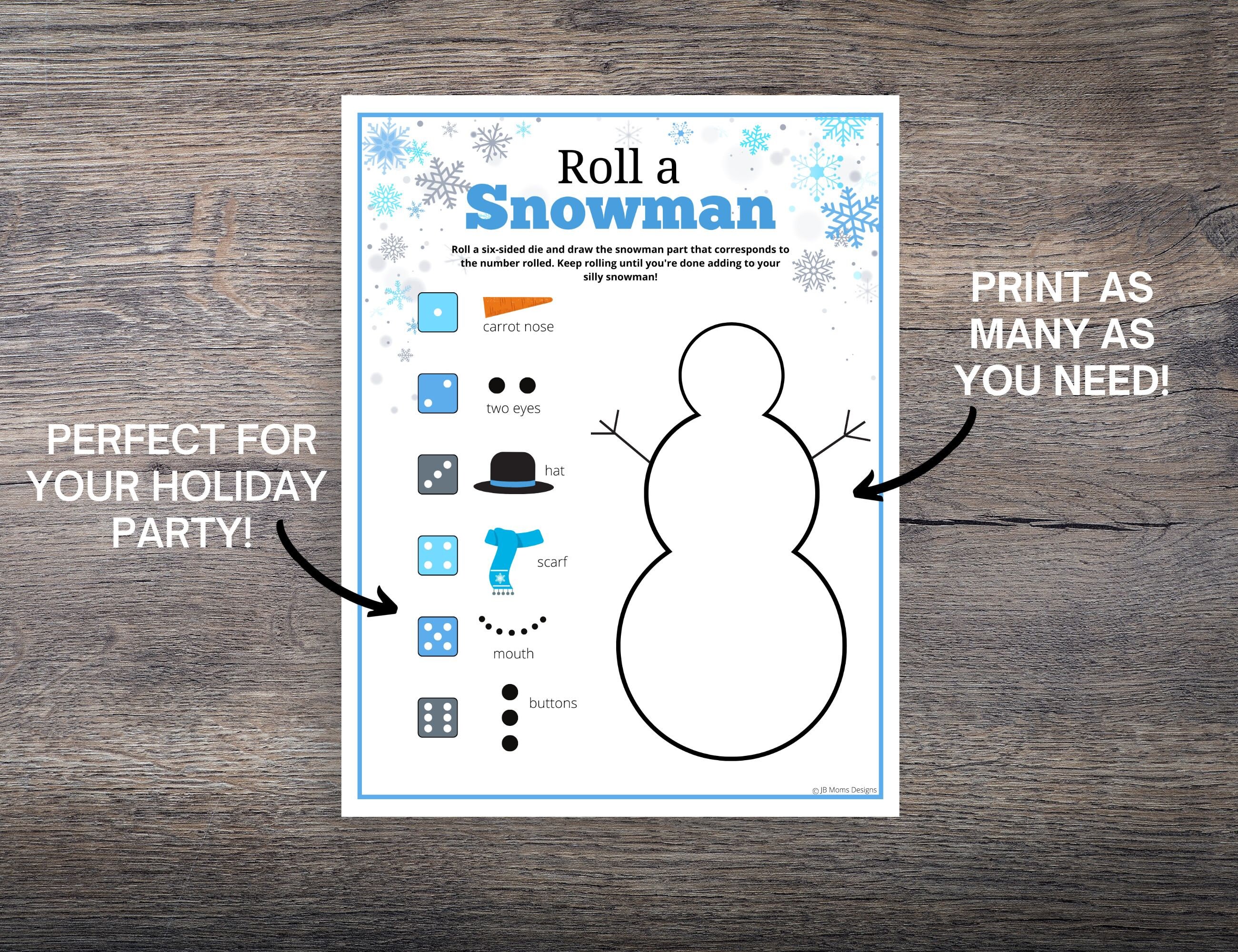 Winter Roll a Snowman: Printable Holiday Game for Kids (PDF) - Etsy
