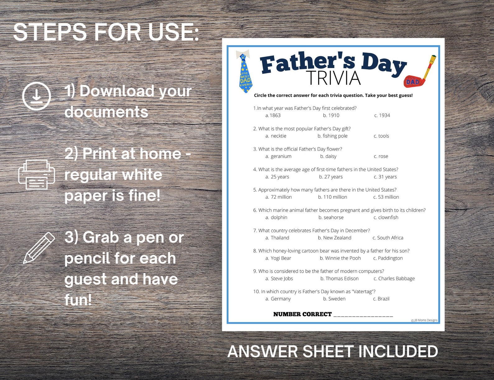 Father's Day Trivia Game Printable for Kids & Adults - Etsy