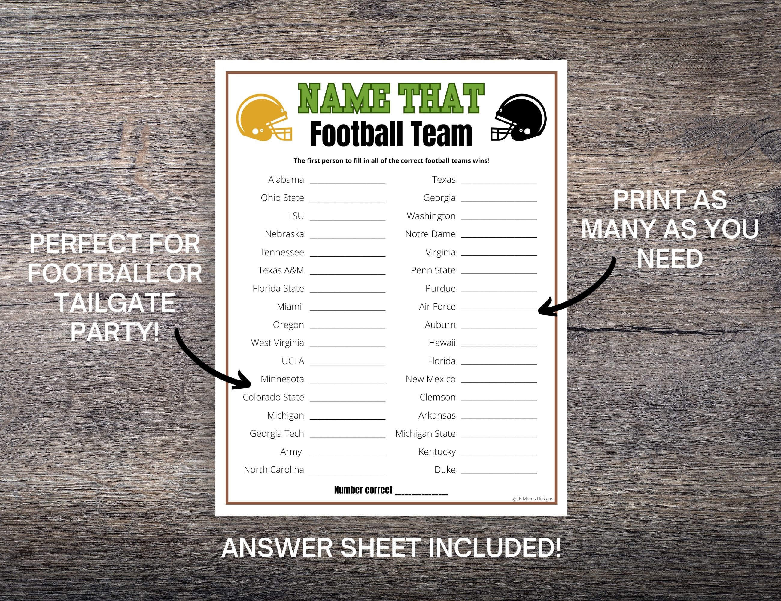College Football Team Name Game: Tailgate Party Trivia Quiz (PDF ...