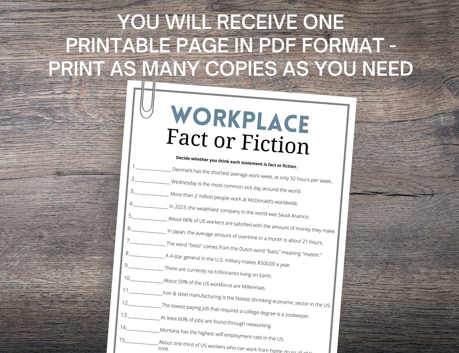 Workplace Fact or Fiction Trivia Game: Office Party (digital Download ...