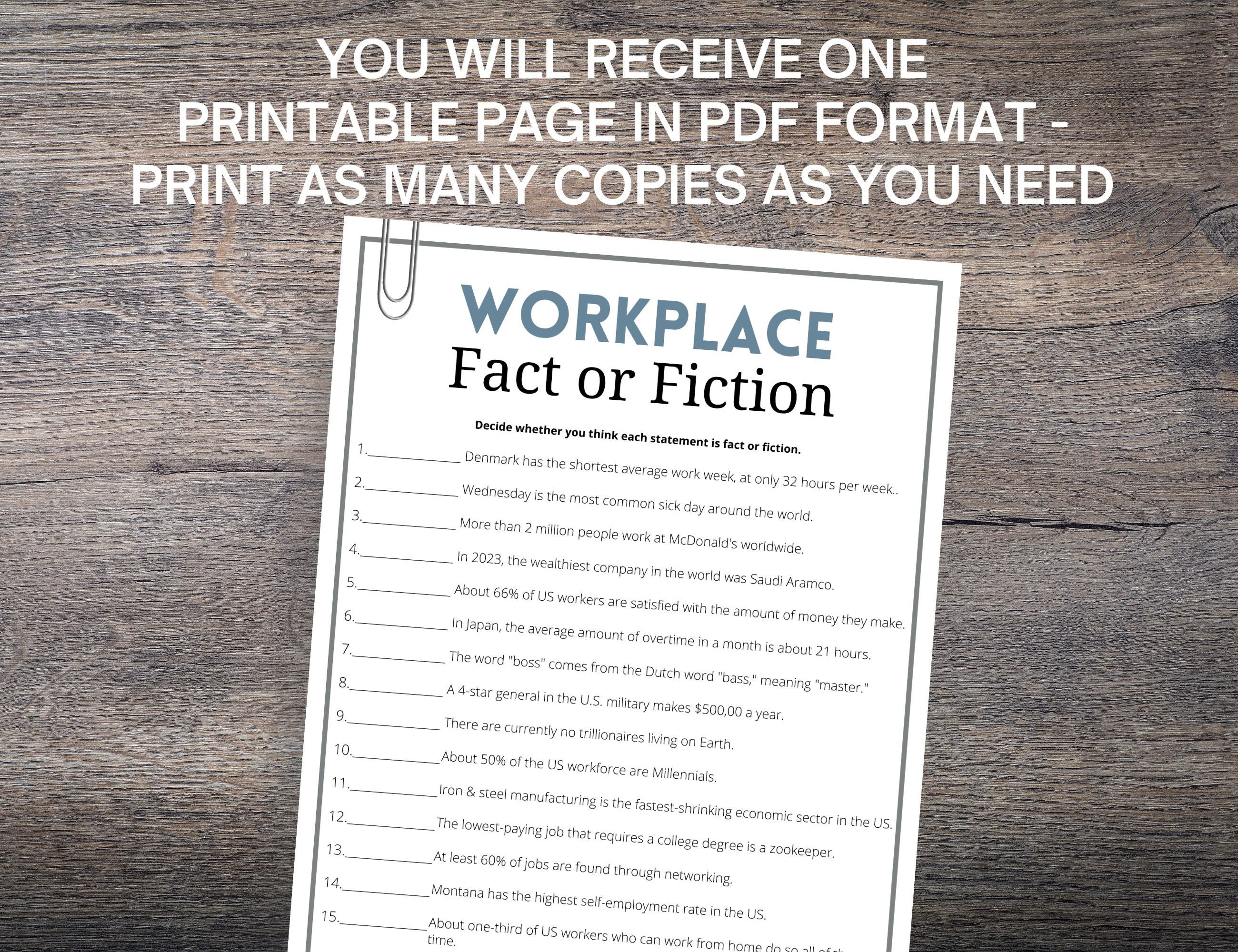 Workplace Fact or Fiction Trivia Game Office Party Game Work - Etsy