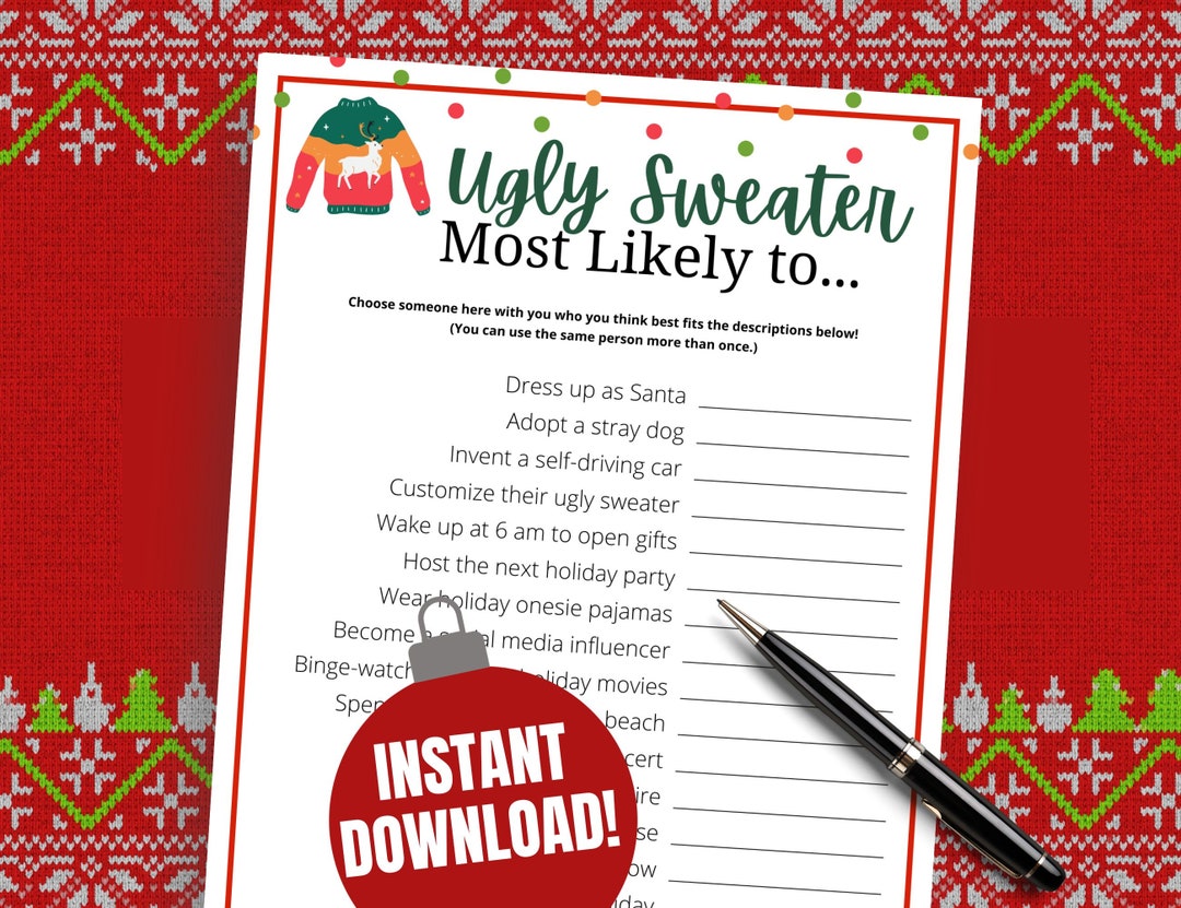 Ugly Sweater Most Likely to Game, Ugly Sweater Party Game Ideas, Ugly ...