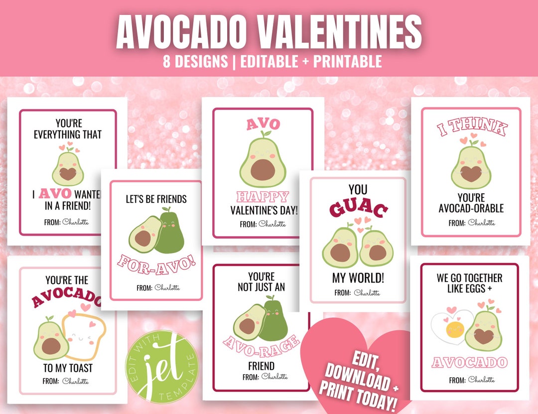 Avocado Valentine Cards, Editable Class Valentines, Easy Valentines for ...