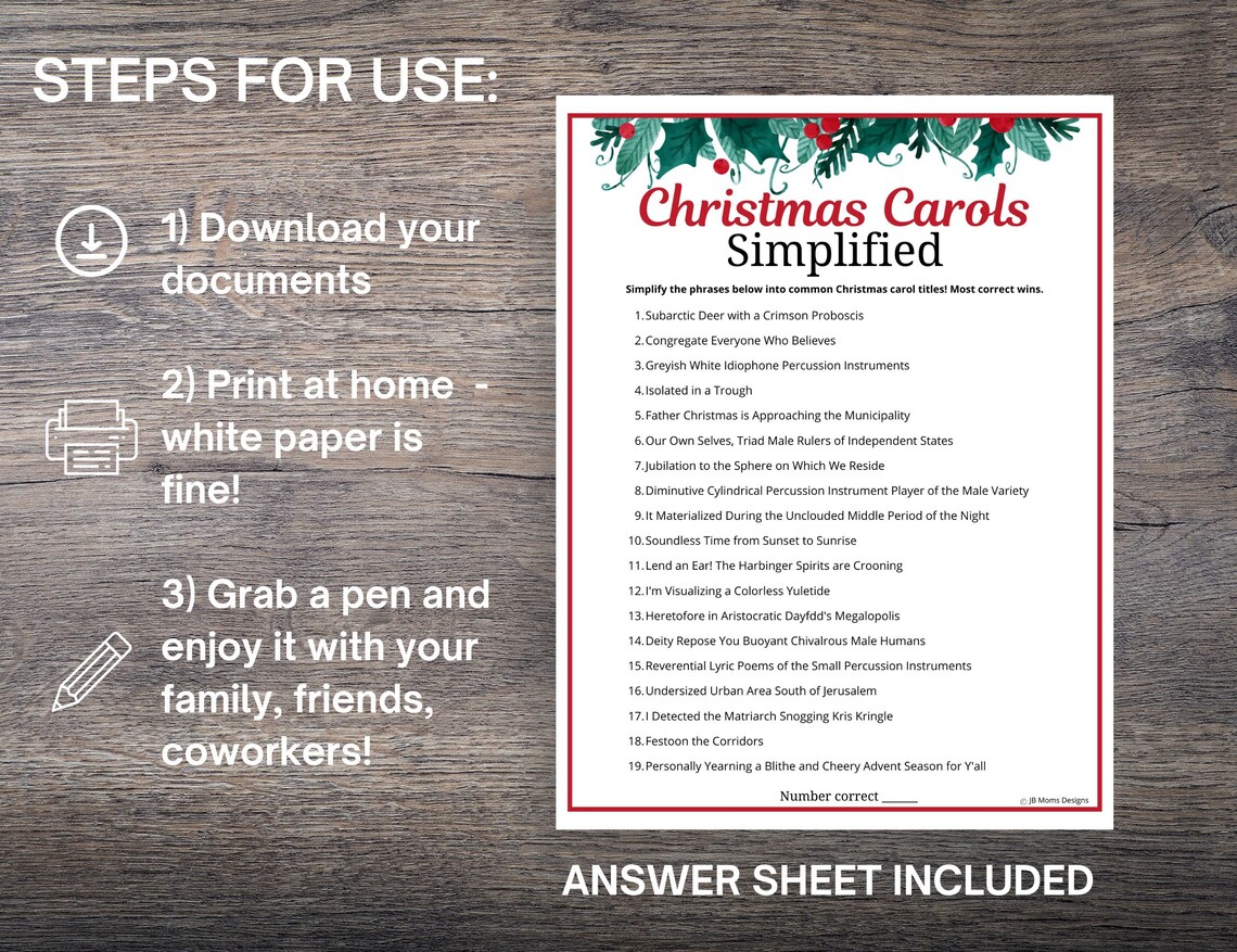 Christmas Carols Game: Challenging Music Trivia Activity (printable PDF ...