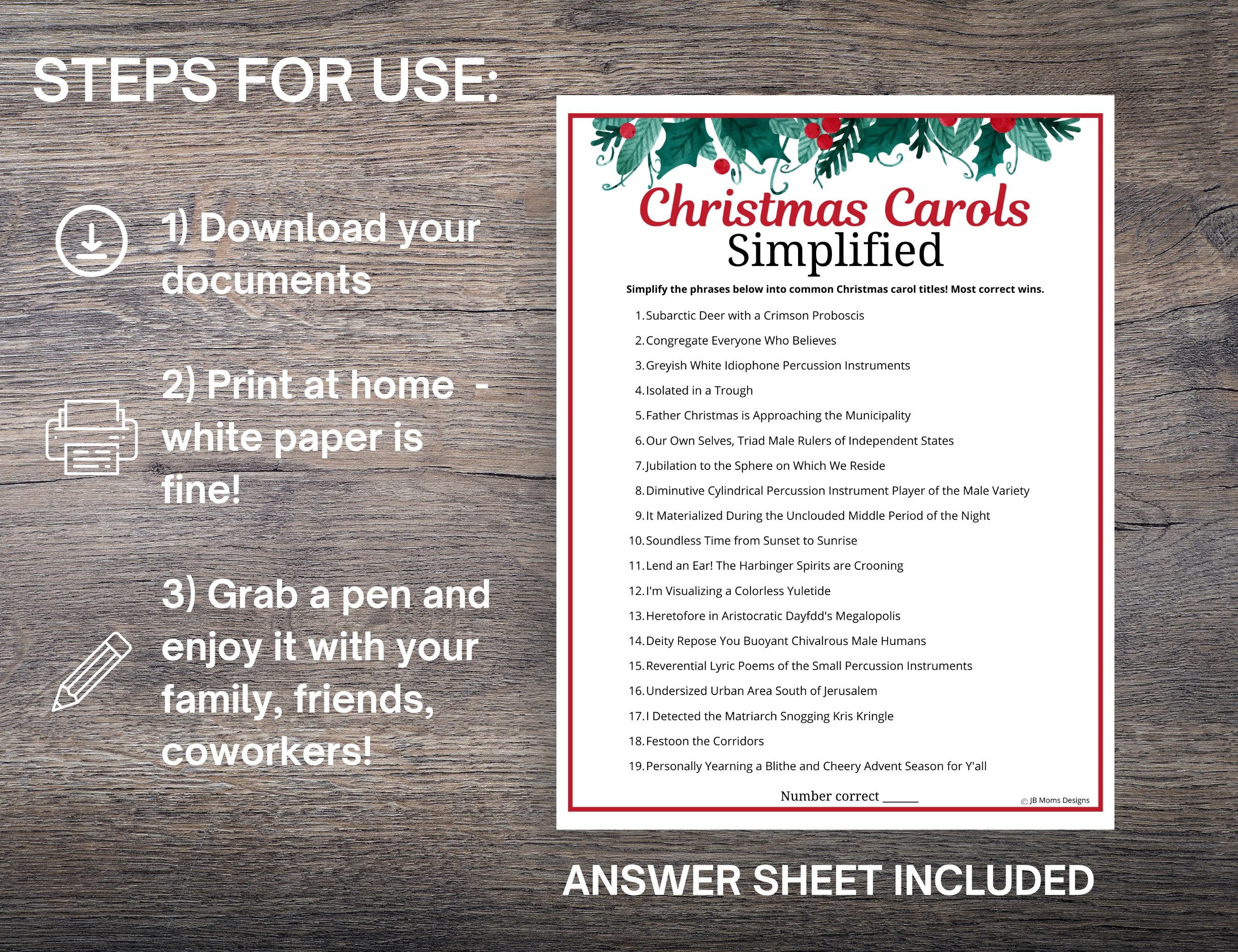 Christmas Carols Game: Challenging Music Trivia Activity (printable PDF ...