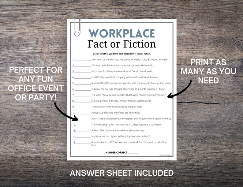Workplace Fact or Fiction Trivia Game Office Party Game Work - Etsy