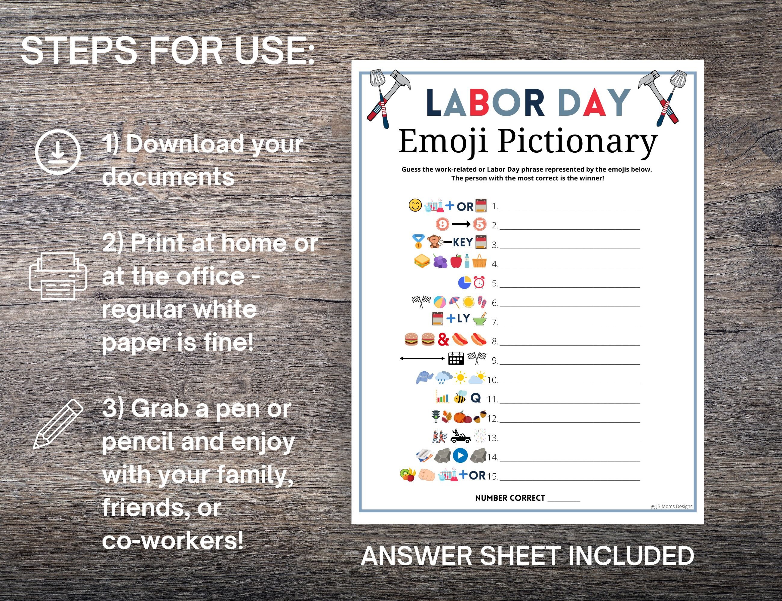 Labor Day Emoji Pictionary Game: Printable Trivia Activity (PDF ...