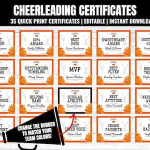 Editable Cheerleading Award Certificates: Cheer Team Awards With Orange ...